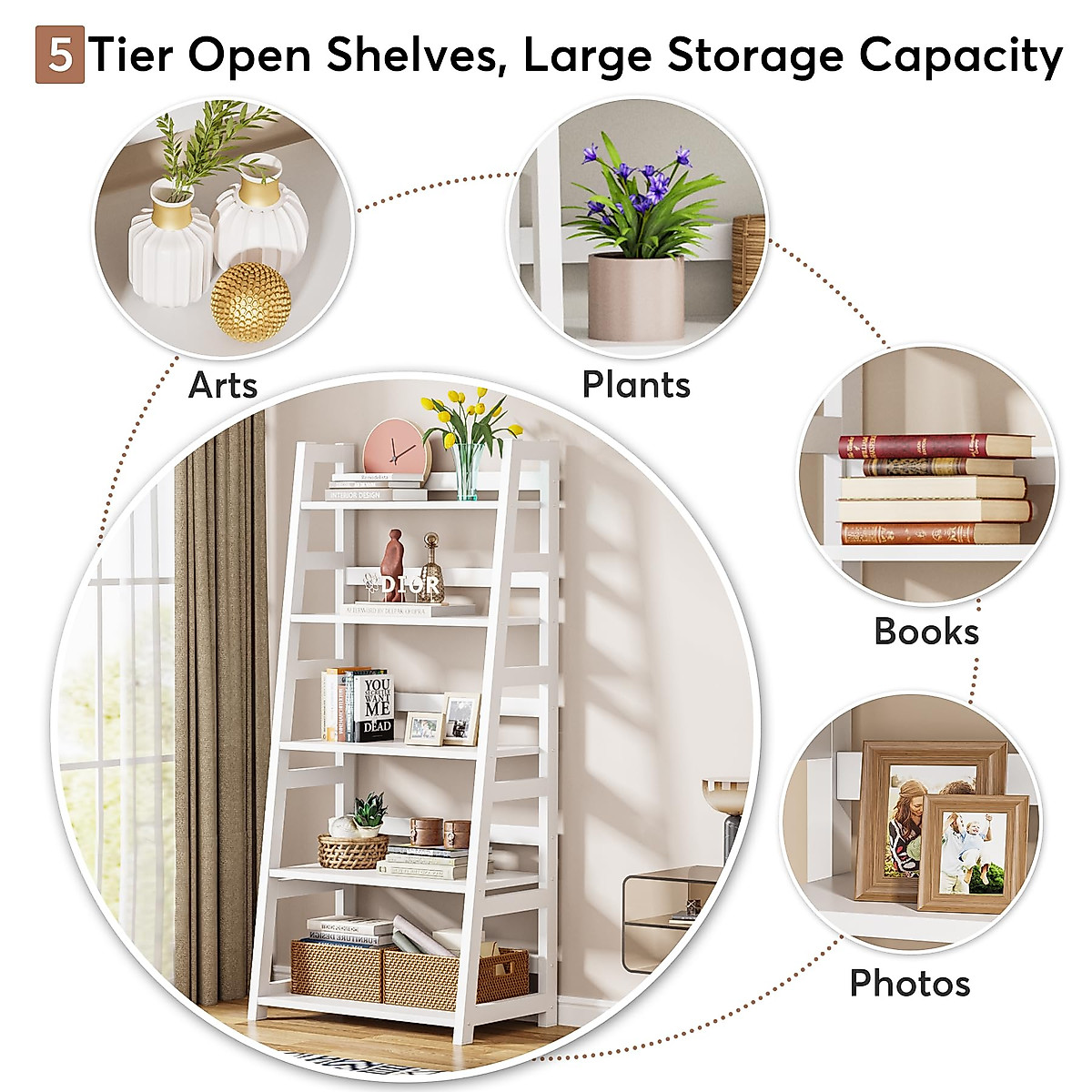 Tribesigns 5-Tier Bookshelf Modern Bookcase, 5 Shelf Ladder Shelf Book Storage Shelf Organizer for Living Room, Home Office (White)