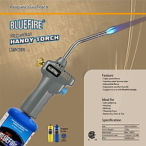 BLUEFIRE BTS-8071 Trigger Start Handy Gas Welding Propane Torch Head MAPP MAP PRO Handhold Portable Nozzle Upgrade Brass Knob All-purpose Flame Thrower Tool for Brazing Soldering Cooking Lighting