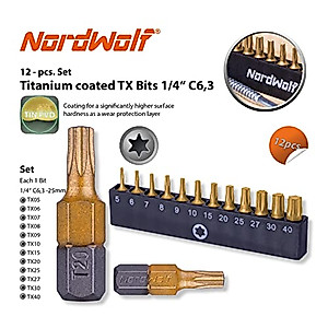 NordWolf 12-Piece Torx Bit Set, Titanium Nitride Coated 6 Point Screwdriver Star Bits Made From S2 Alloy Steel, Sizes T5 to T40