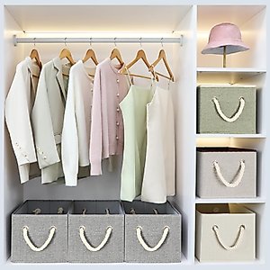 TOPIA HOME Closet Organizers and Storage Bins for Shelves, EXTRA LARGE, 3-Pack Foldable Storage Baskets for Organizing with Rope Handles, Collapsible Fabric Cube Organization Boxes, Gray, TP03DG
