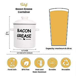 Ceramic Bacon Grease Container with Strainer - 600ml / 20oz Farmhouse Bacon Grease Keeper with Easy-Grip Handle, Bacon Fat Can for Grease Drippings and Storage - Creamy-white