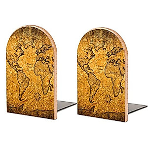 Book Ends Vintage World Map Bookends for Shelves to Hold Books Heavy Duty Non-Slip Book Stoppers Wood Decorative Home Office