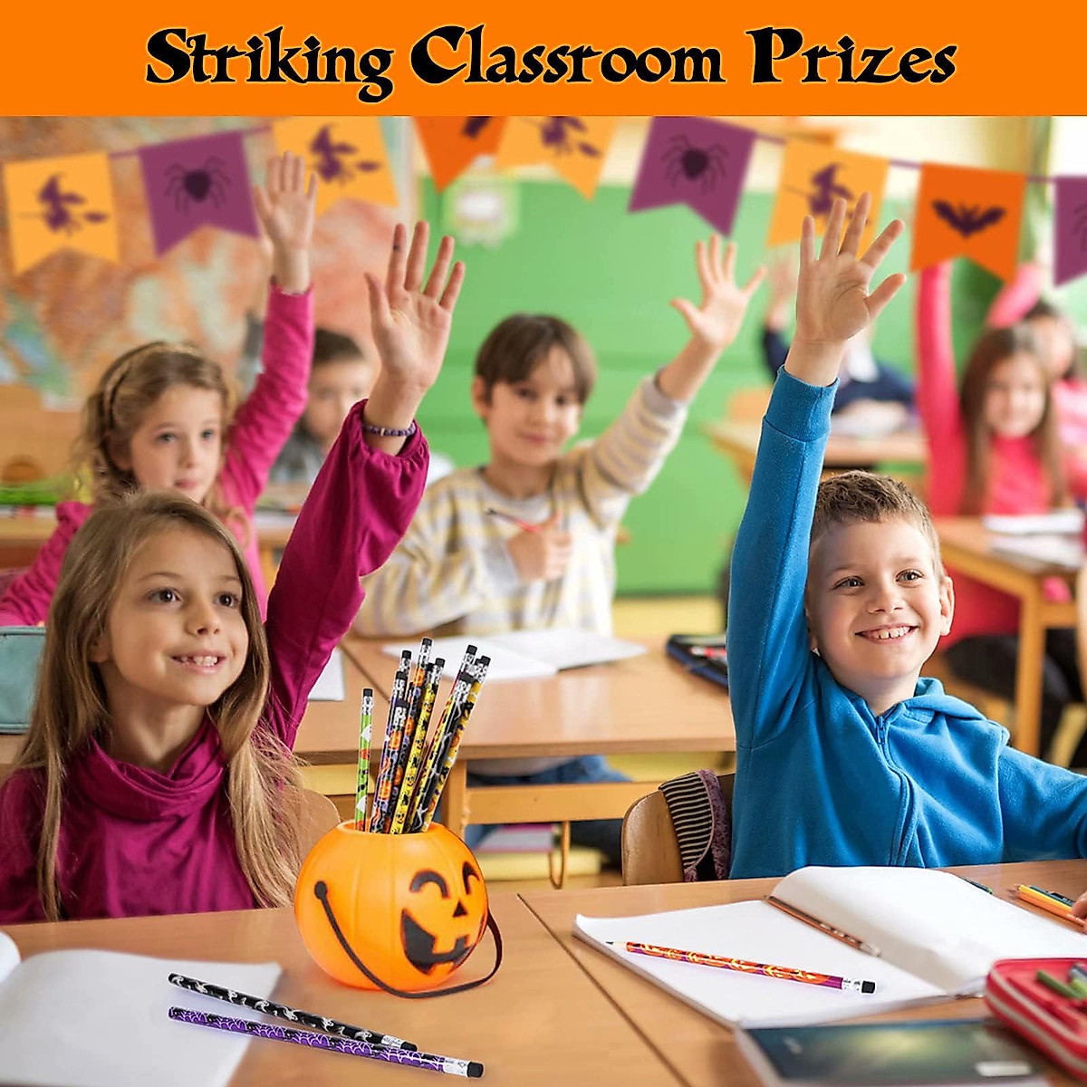 50Pcs Halloween Pencils Colorful Wood Pencils with Erasers Assorted Pattern Pencils for Halloween Party Favors Trick or Treat Halloween Goodies Bags Filler Game Prizes Classroom Rewards for Kids Adult