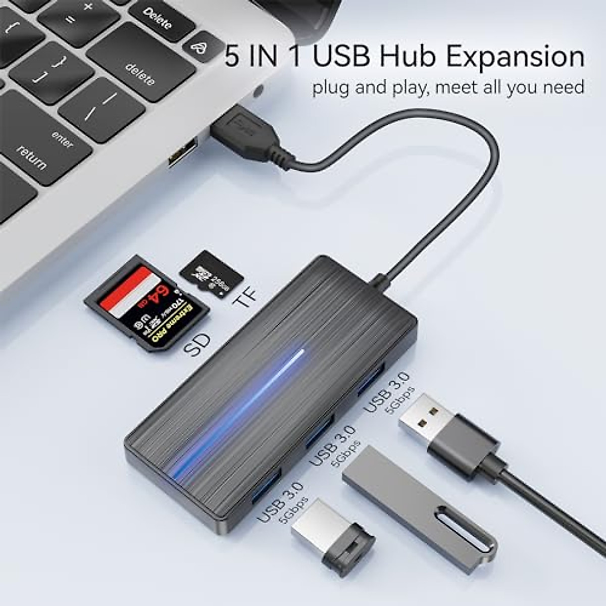 GARMESE USB 3.0 Hub, 5-in-1 USB Hub Splitter USB A Hub with Micro-SD/SD Card Reader and 3 USB 3.0 Ports for Laptop, iMac, MacBook Pro 2015/2016, Google Chromebook and More