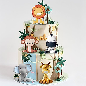 Jungle Safari Animal Cake Topper with Lion Giraffe Monkey Elephant Zebra for Wild Animals Themed Birthday Baby Shower Party Supplies (STYLE 1)