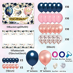 Gender Reveal Decorations Navy Blue and Blush Gender Reveal Backdrop ,He or She Gender Reveal Tablecloth, Navy Blue and Rose Gold Gender Reveal Balloons Garland Kit for Baby Shower Party Supplies