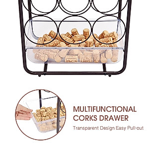 TOOLF 6 Bottle Wine Rack for Countertop, Metal Freestanding Wine Storage Holder with Cork Drawer, Wooden Tabletop Wine Bottle Holder with 2 Glasses Holder for Bar, Wine Cellar & Home Decor