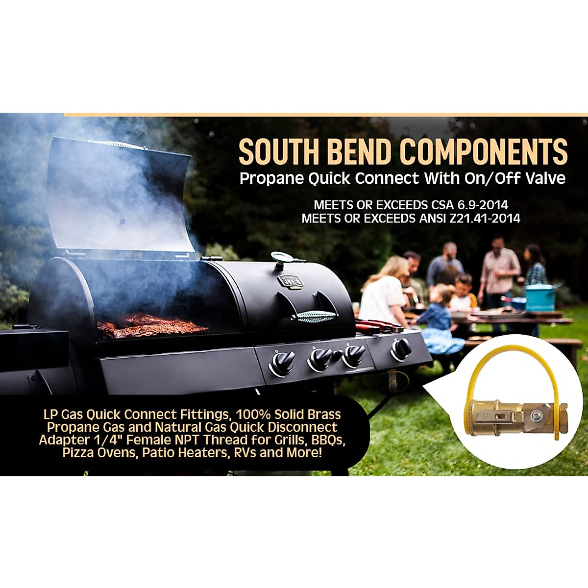 South Bend Components LP Gas Quick Connect Fitting, 100% Solid Brass – Propane Gas Quick Disconnect Adapter with On-Off Valve 1/4" Female NPT Thread for RV, Grill, BBQ, Pizza Oven, Patio Heater