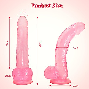 Pink Jelly Lifelike Realistic Dildo Silicone Adult Sex Toys for Women, 9 Inch Body-Safe Material Huge Dildo with Strong Suction Cup, Curved Shaft and Balls for G-spot, Vaginal and Anal Play