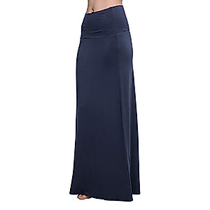 Urban CoCo Women's Stylish Spandex Comfy Fold-Over Flare Long Maxi Skirt (M, Navy Blue)