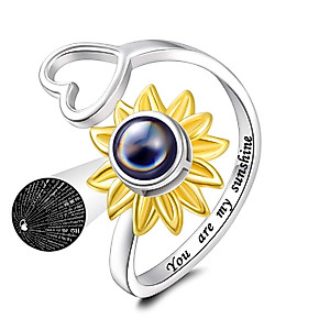 Jinlou sunflower ring 925 sterling silver I love you 100 language heart ring finger You are my Sunshine flower ring for women Teen