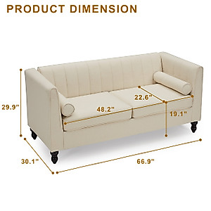 Kingfun 67" Modern Sofa for Living Room, Comfy Loveseat Linen Fabric with 2 Bolster Pillows, Mid Century Modern Couch Small Love Seat for Bedroom with Solid Wooden Frame and Padded Cushion, Beige