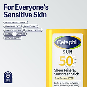 Cetaphil Sheer Mineral Sunscreen Stick for Face & Body, 0.5oz, 100% Mineral Sunscreen: Zinc Oxide & Titanium Dioxide, Broad Spectrum SPF 50, For Sensitive Skin
