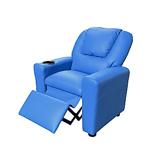 Majnesvon 2-in-1 PU Leather Kids Recliner Chair with Cup Holder, Modern Adjustable Single Sofa for Boys & Girls (Blue)