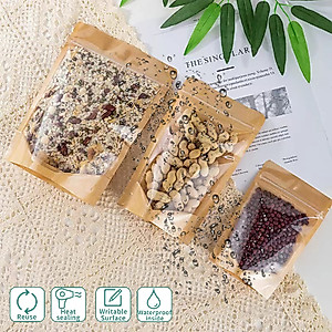 100 PCS Stand Up Pouches, 4 x 6 inch Kraft Paper Food Bags with Clear Window, Reusable Ziplock Food Storage Bags Resealable Pouches for Foods, Coffee Beans, Snacks
