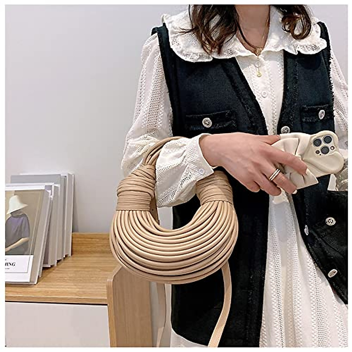 Knotted Woven Tote Bag Handbag For Women Hand Woven Bread Messenger Bag Soft Leather Top Handle Handbag Shoulder Bag (Blue)