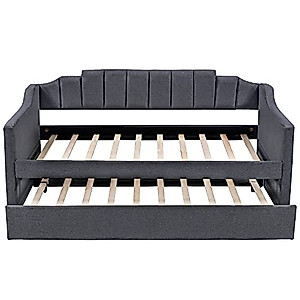 Flieks Upholstered Daybed with Trundle, Solid Wood Sofa Bed Frame, Swooping Arms and Curved Back Design, No Box Spring Needed, Black