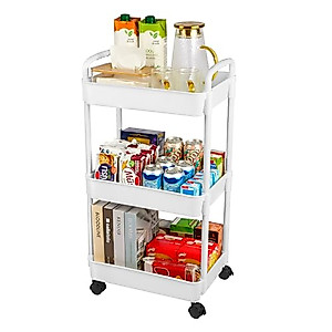 Vtopmart 3 Tier Rolling Cart with Wheels, Detachable Utility Storage Cart with Handle and Lockable Wheels, Storage Basket Organizer Shelves, Easy Assemble for Bathroom, Kitchen, White