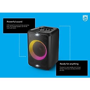 PHILIPS X3206 Bluetooth Party Speaker with Deep bass, Up to 14 Hours Battery, Party Lights and Karaoke Effects, Microphone and Guitar Input, Audio-in, USB Charging, Built-in Trolley, TAX3206