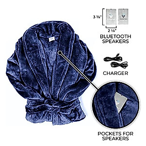 Jammies Bluetooth Robe - Ultra-Plush Unisex Bathrobe with Removable Bluetooth 5.0 Speaker Collar, 100% Polyester, Navy Blue, Medium