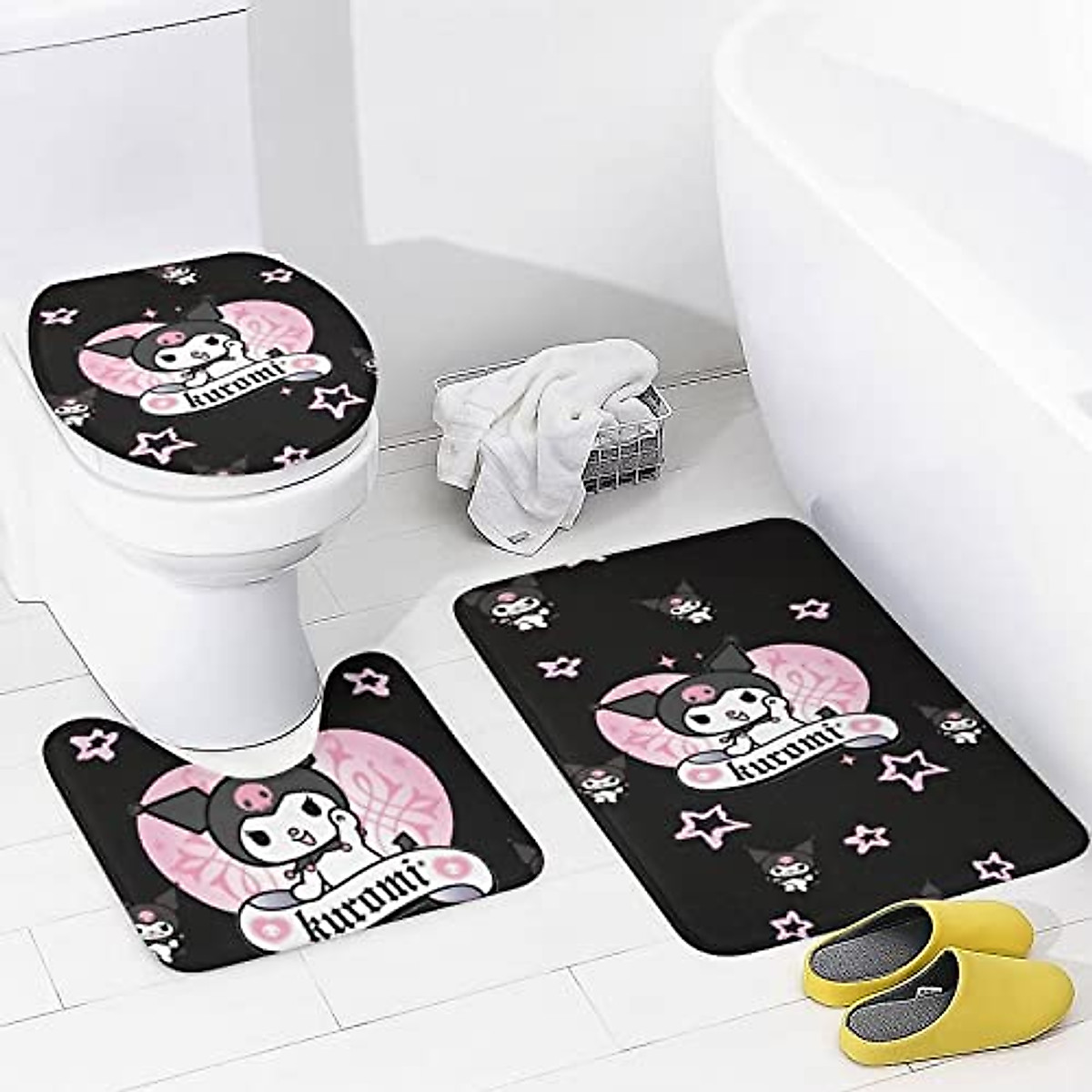fmsnupz 4PCS Anime Shower Curtain Set, Cute Bathroom Decor with Non-Slip Rugs, Toilet Lid Cover and Bath Mat, Waterproof Fabric Shower Curtains with 12 Hooks, 70.8"x70.8"