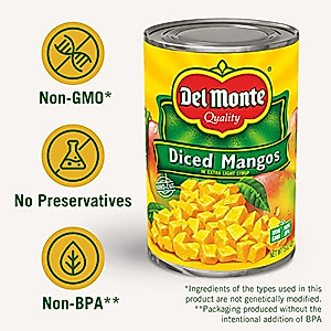 Del Monte Diced Mango in Extra Light Syrup, Canned Fruit, 12 Pack, 15 oz Can, Yellow