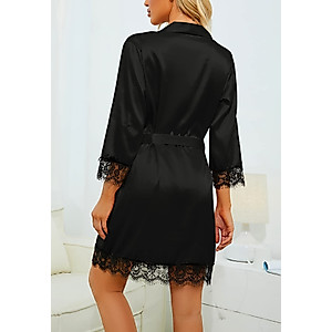 LYANER Women's 4pcs Sleepwear Satin Floral Lace Trim Cami Pajama Set with Robe True Black X-Large