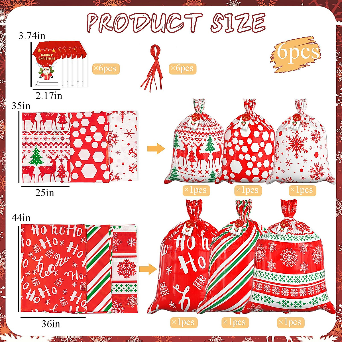 Large Christmas Gift Bag for Christmas Presents- 6Pcs Jumbo Plastic Christmas Red and White Gift Bags with Gift Tags and Ribbon for Christmas Big Gift Wrapping Holiday Goody Bag Party Favor Supplies