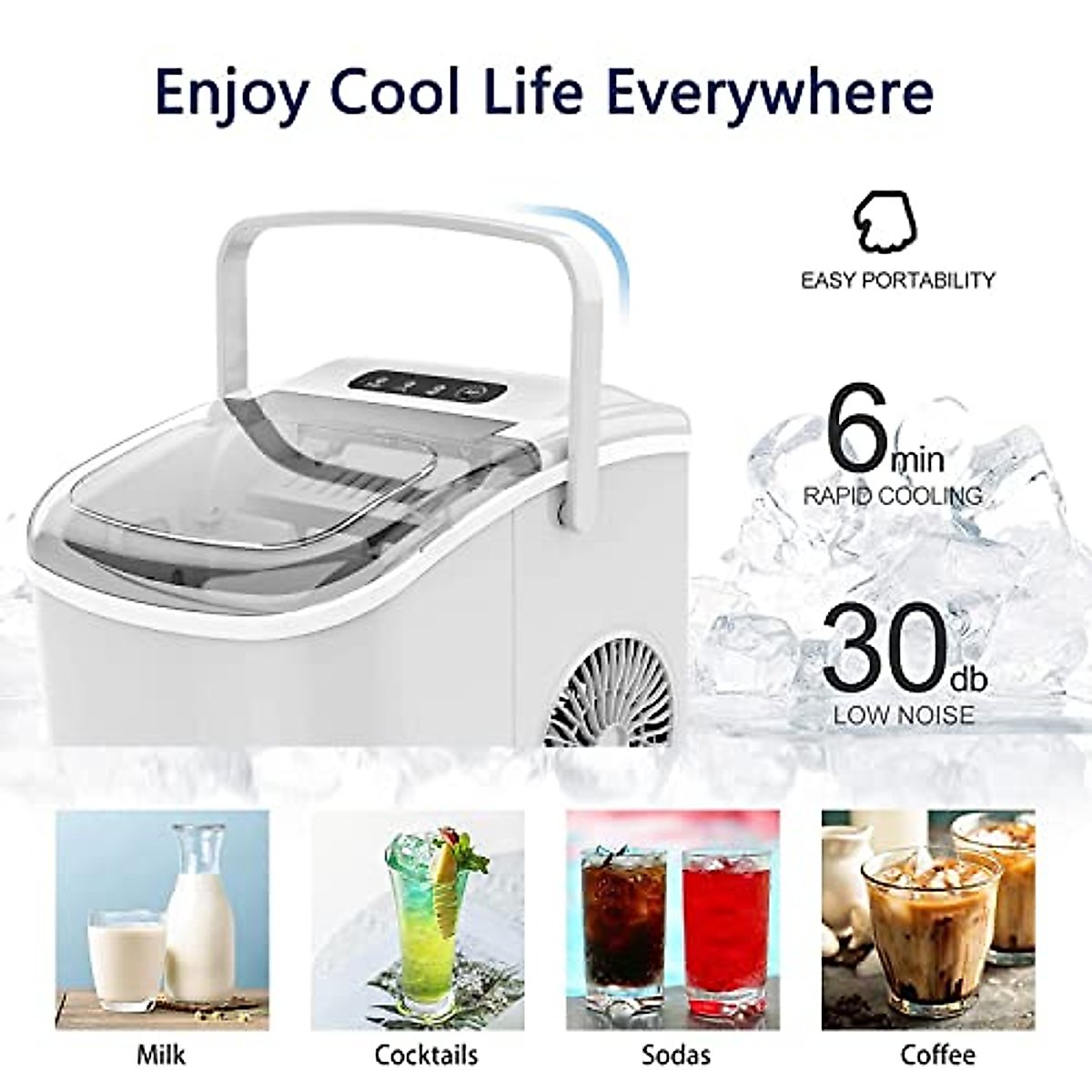 Ice Maker Machine Countertop, 26 lbs in 24 Hours, 9 Cubes Ready in 6 Mins, Self-Cleaning, Portable Ice Maker with Ice Scoop and Basket,White