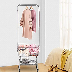 go2buy Standard Commerical Laundry Bulter Rolling Laundry Cart with Hanging Bar, Silver