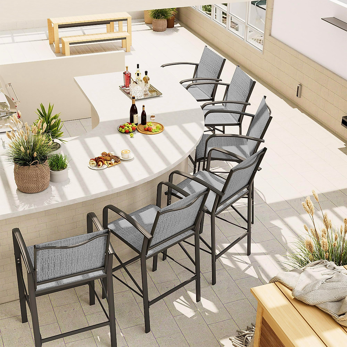 VONZOY Outdoor Bar Stools Set of 2, Comfortable Bar Height Outdoor Chairs, Patio Bar Stools w/All-Weather Mesh, 300lb Capacity - Grey