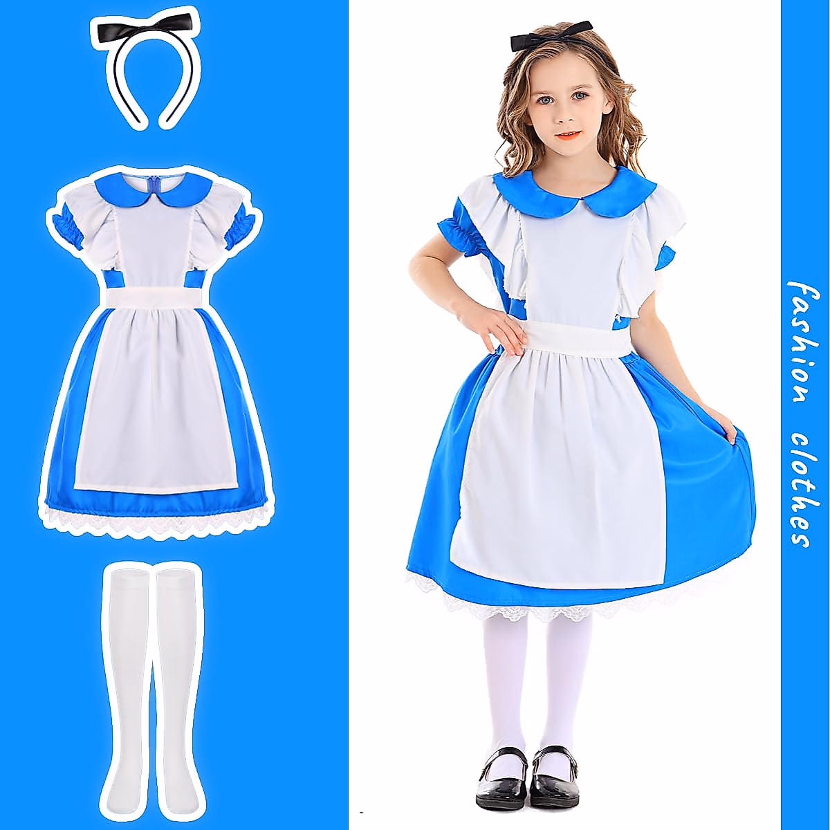 KFVZIU Girls Princess Costume Kids Halloween Costume Peter Pan Collar Blue Dress Princess Cosplay with White Apron Socks Hairband KF004XS