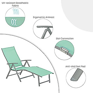 VredHom 3PCS Patio Chaise Lounge & Side Table Set, Outdoor Lounge Chair with End Table Recliner with 8-Positions Adjustable Backrest & Foldable Footrest,Green Textliene & Grey Aluminum Frame