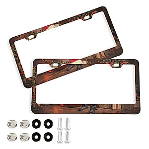 YETTASBIN Christmas Santa Claus License Plate Frames, Decorative License Plate Covers, 2 Packs Universal Aluminum Tag Frame with 2 Holes & Screw Caps for Front and Rear Car Tags, Elliptical Hole