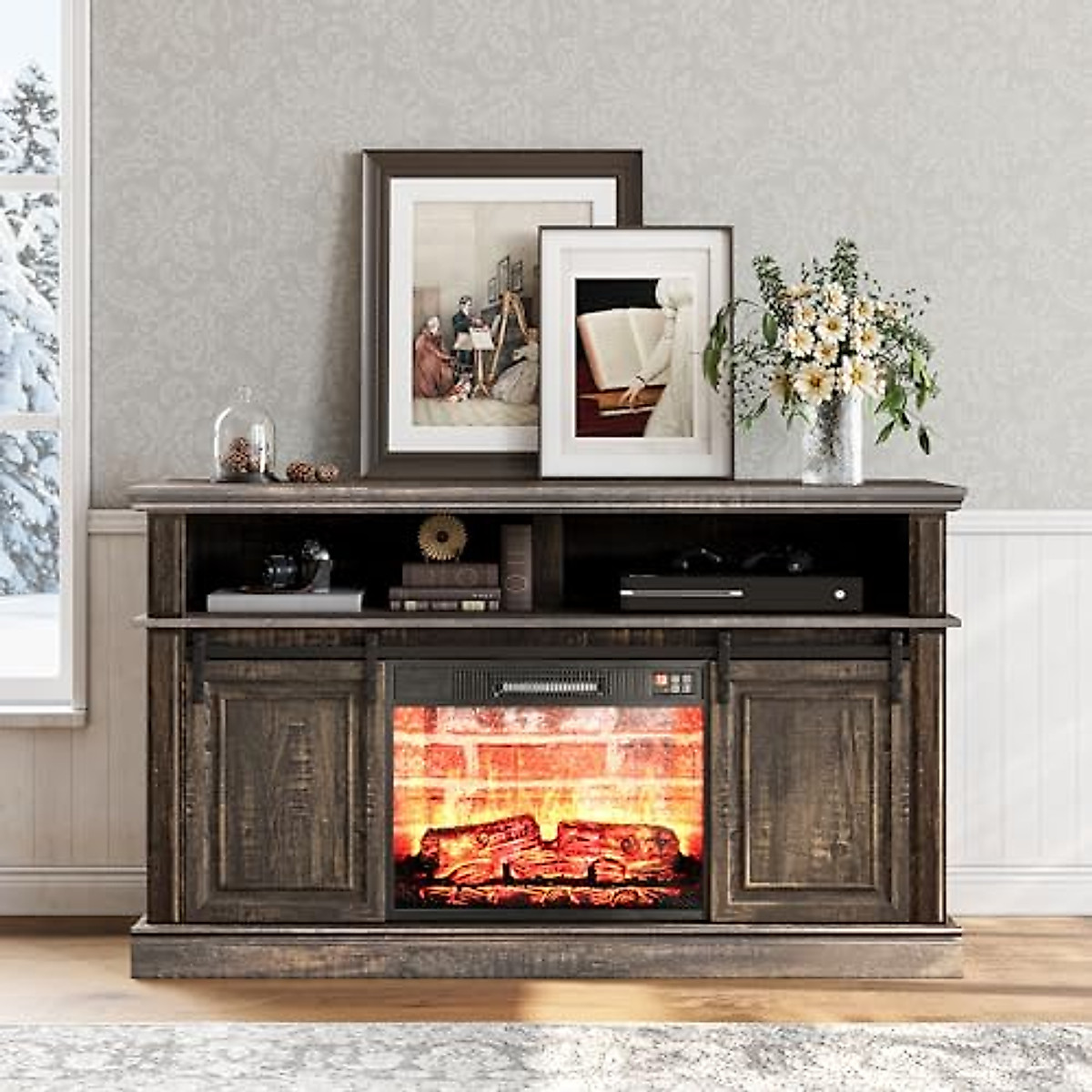 LGHM Farmhouse TV Console for 65 inch TV, Dark Rustic Oak Entertainment Center with Electric Fireplace, Sliding Barn Door