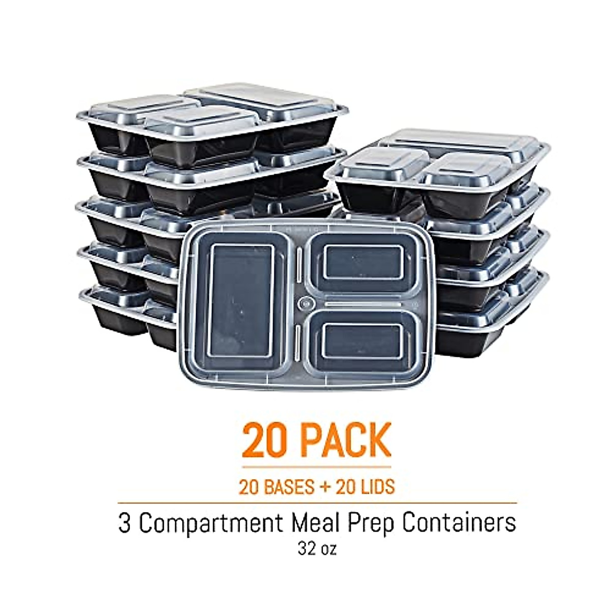 NutriBox [20 Pack 3 Compartment Meal Prep Container with Lids, Durable, Stackable, Reusable Bento Box - BPA Free, Dishwasher, Microwave Safe Food Storage Container