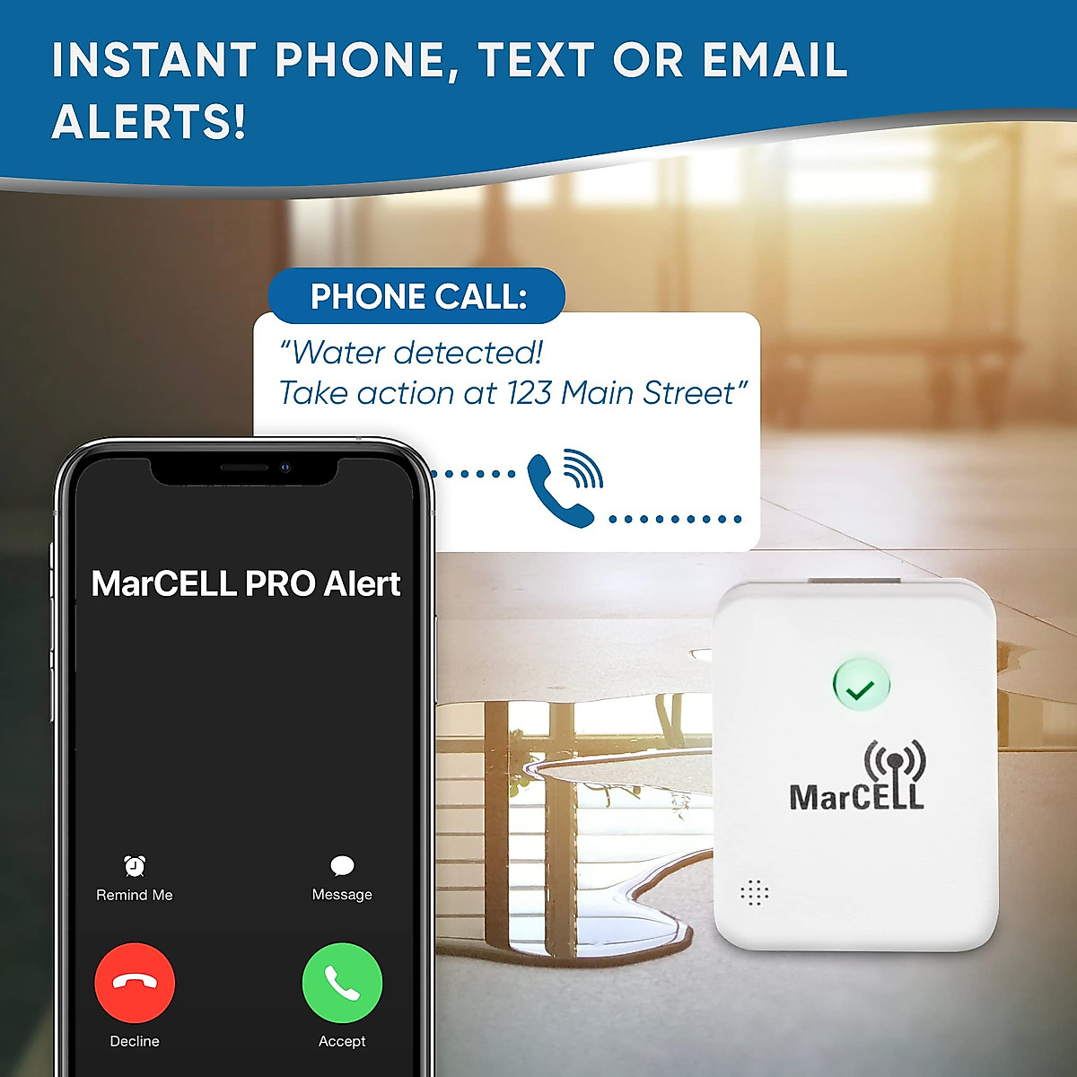 MarCELL PRO - Professional Level Remote Temperature, Humidity & Power and Water or Leak Monitor - No WiFi Needed - RV, Network Room, Freezer, Home - Instant Phone Call Alerts - Made in The USA