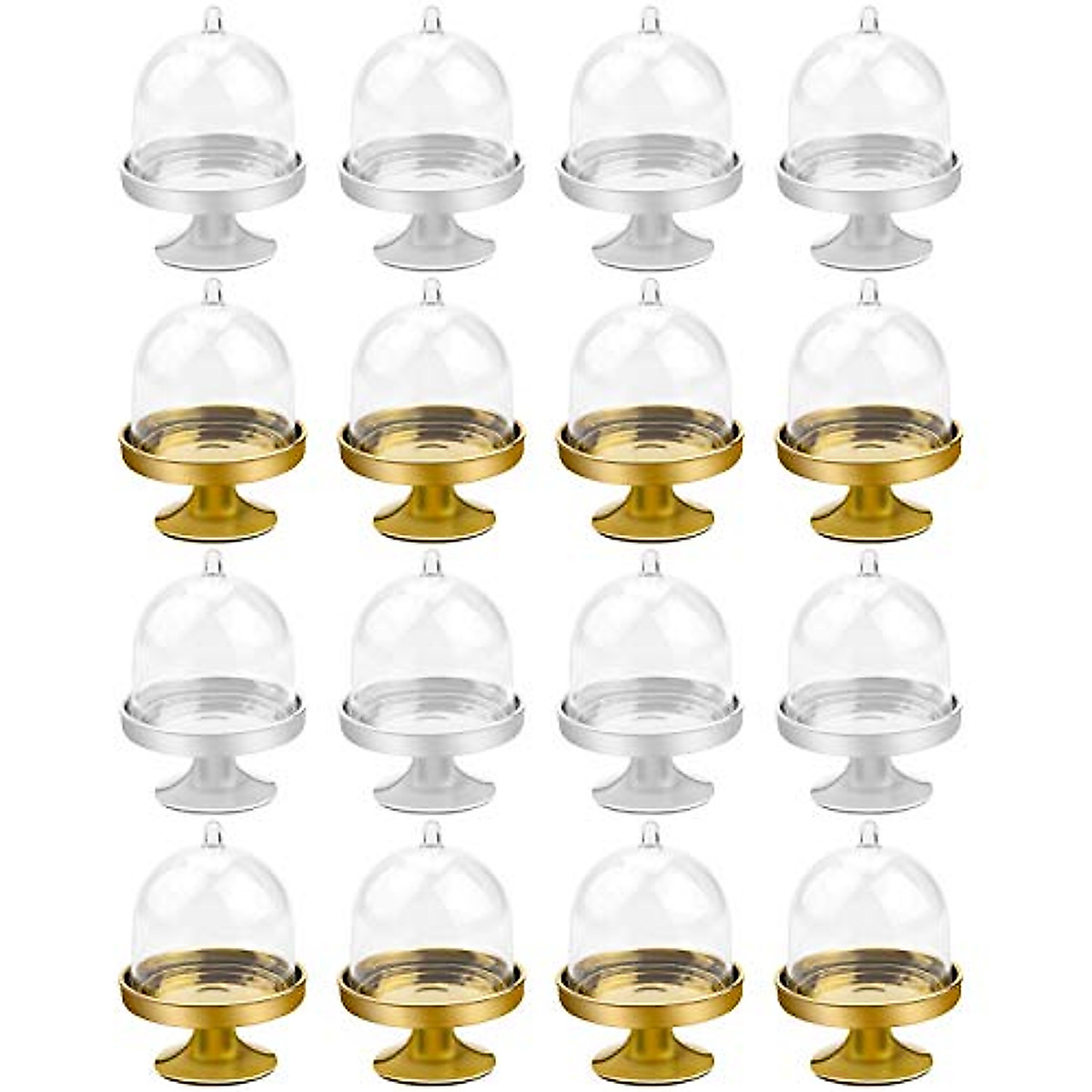 BILLIOTEAM 16 Packs Plastic Mini Cake Stand with Dome, Mini Cupcake Stand Plate with Lid, Cake Stand Candy Box Bulk for Wedding, Birthday, Baby Shower, Tea Party Supplies (Gold and Silver)