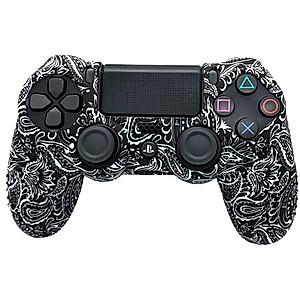 Antil-Slip Silicone Controller Cover Protective Case for PS4/SLIM/PRO Controller Soft Cover Skin for Dualshock 4 Controller with 8 Thumb Grips(White Black Print)