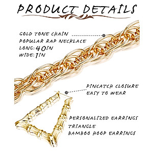 HANPABUM Gold Plated Chunky Rope Chain Necklace and Large Hollow Casting Triangle Bamboo Hoop Earrings Set for Men Women Costume Jewelry Punk Hip Hop Rapper Style (A:Triangle)
