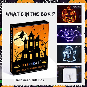 PISKEKAT Halloween Decorations, 3 Pack Orange Pumpkin, White Ghost, Purple Bat Halloween Window Lights with Suction Cup & Hooks, Battery Operated Indoor Lights for Halloween Window Decorations