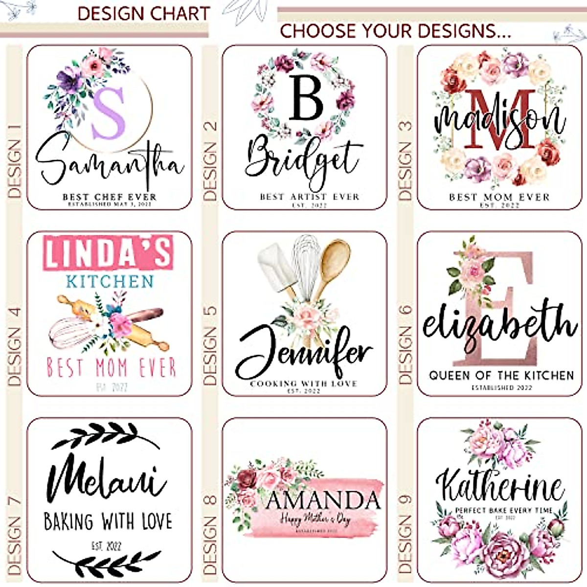 Personalized White Kitchen Apron Gifts for Women - 9 Cute Designs w/Name Text - Custom Bbq Grilling Cooking Aprons for Chef w/Pocket - Customized Floral Kitchen Apron Gift for Girl - Barbecue Apron C1