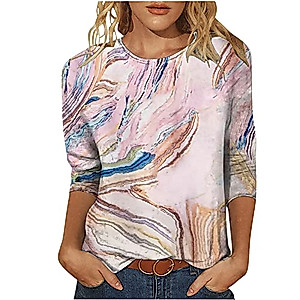 Running Tank Tops for Women 3/4 Sleeve Tops Cute Trendy 2023 Spring Shirts Graphic Tees Casual Regular Fit Crewneck Marble Print Blouse