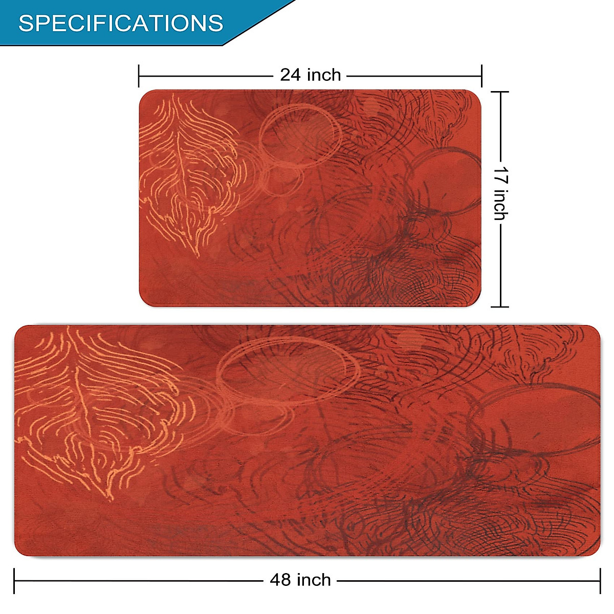 RYANZA 2 Pieces Kitchen Rugs, Abstract Anti Fatigue Non Slip Foam Cushioned Red Lines Art Modern Graffiti Comfort Indoor Floor Mat Runner Rug Set for Laundry Office Sink Bathroom (17"x48"+17"x24")