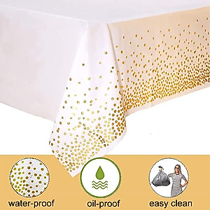 2 Pack White and Gold Tablecloth Disposable Gold Tables Tablecloths for Rectangle 54" x 108" Plastic Tablecloth Party Table Covers for Birthday Thanksgiving Christmas Wedding Outdoor BBQ (White)