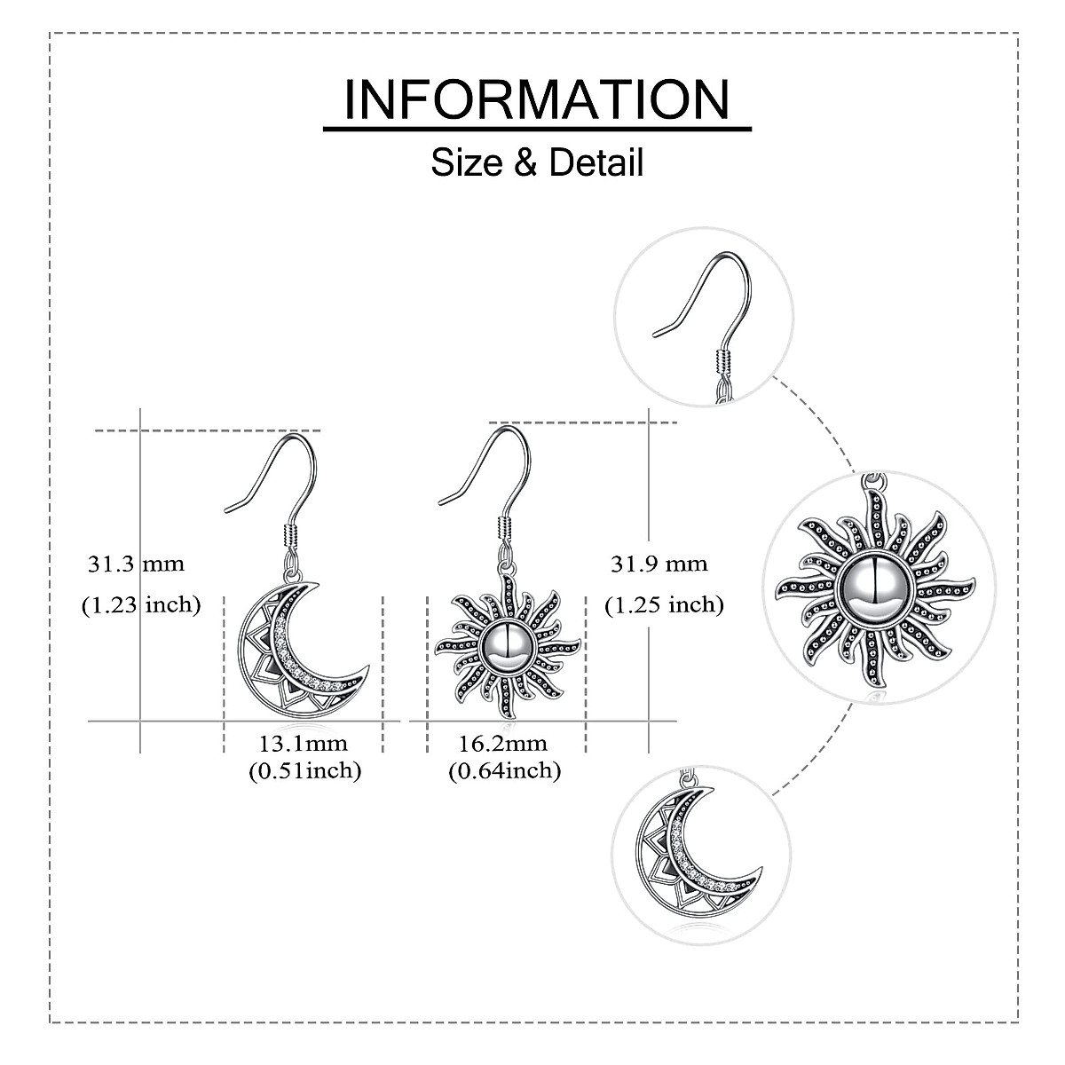 Sun and Moon Dangle Earrings for Women Sterling Silver Crescent Moon Boho Wiccan Jewelry Gift