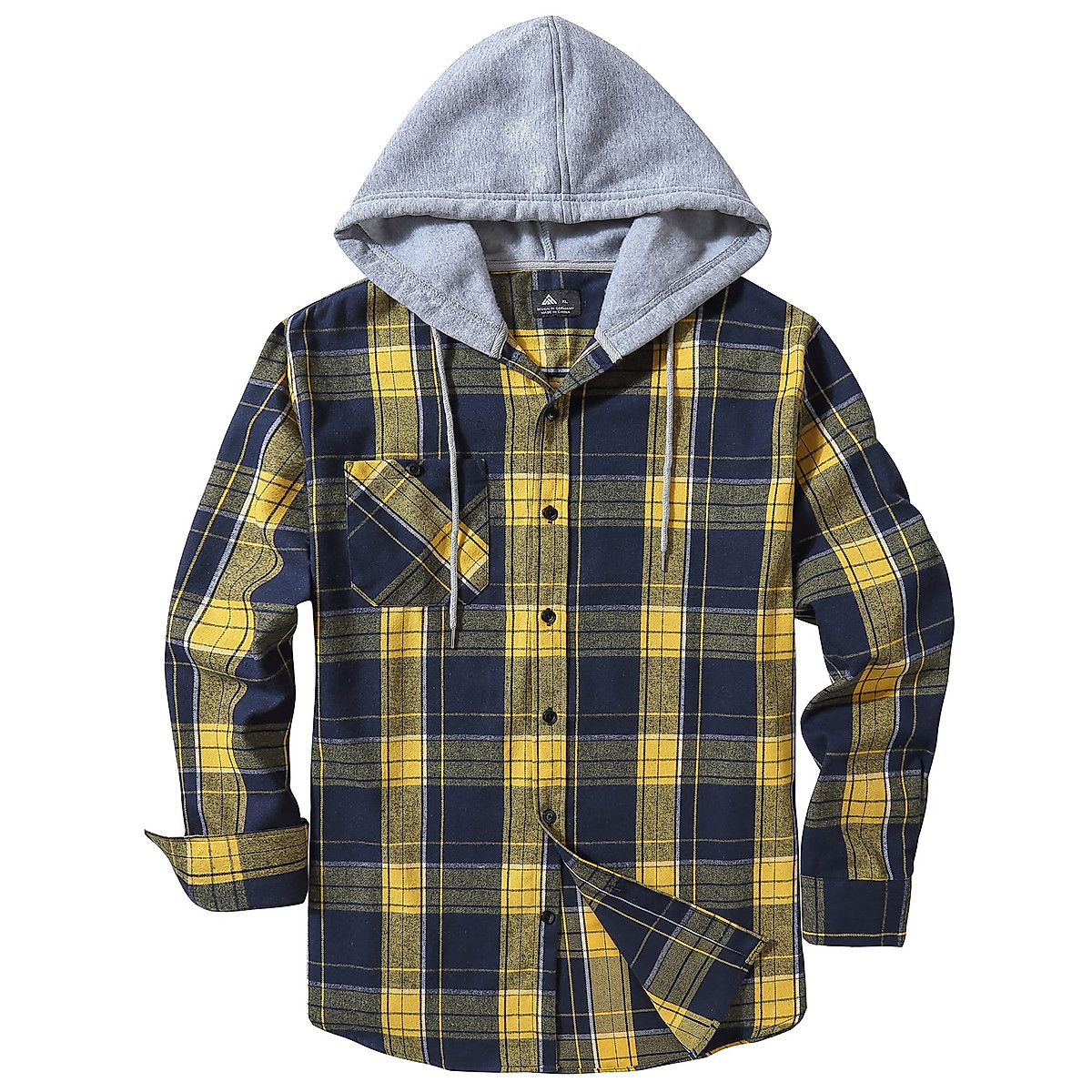 ZITY Men's Flannel Hoodie Shirts Casual Button Down Plaid Shirt Jackets for Men Long Sleeve Stylish Hooded with Pocket Yellow Dark Blue Large