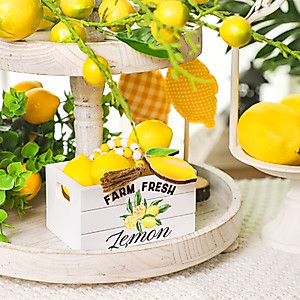 Qunclay Lemon Mini Crate Summer Tiered Tray Decor with 8 Faux Lemons with Wood Bead Tassel Farmhouse Lemonade Kitchen Decorations Summertime Wood Crate for Party Decor