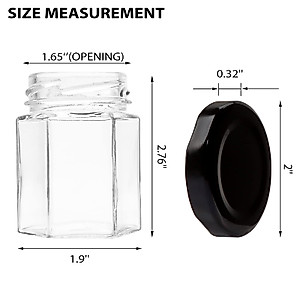 Comrzor 3 OZ Mini Hexagon Glass Jars, 30 Pack Empty Honey Jars Small Spice Jars with Black Lids, Sponge Brushes and 40pcs Labels for Jam, Homemade Projects, Gifts, Wedding Party Favors