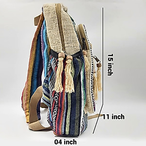 Fwosi Handmade Hippie Backpack - Pure Hemp Bookbag for School, Day Hiking & Travel - Lightweight, Multi-Pocket, 5 Compartments for Books, Purse, Wallet, Everyday Accessories - Crafts from Nepal